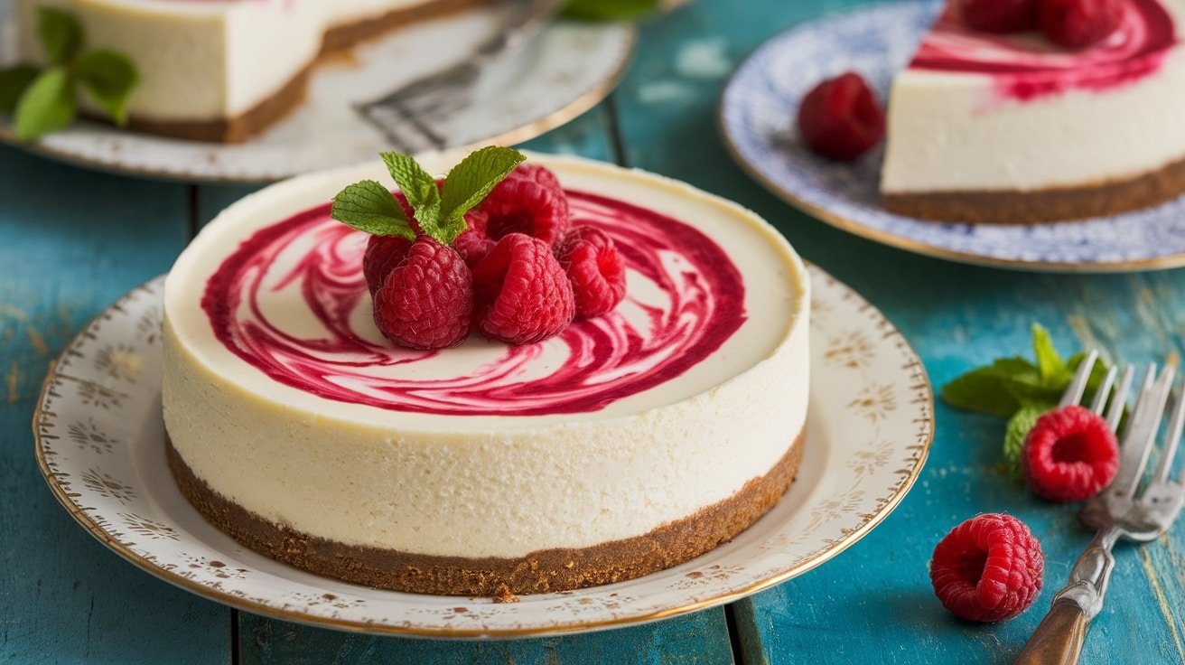 Velvety No-Bake White Chocolate Raspberry Swirl Cheesecake - Courtneys ...
