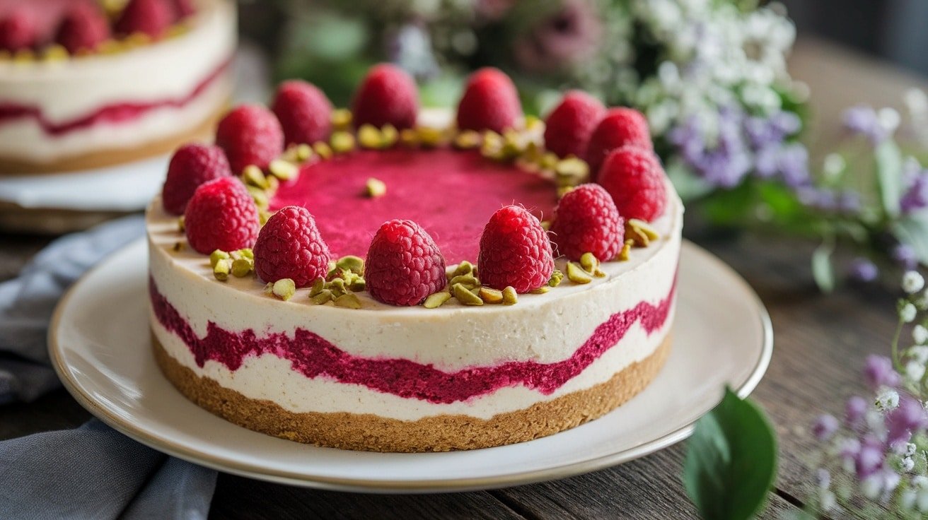 Velvety No-Bake Raspberry Pistachio Cheesecake Recipe - Courtneys World